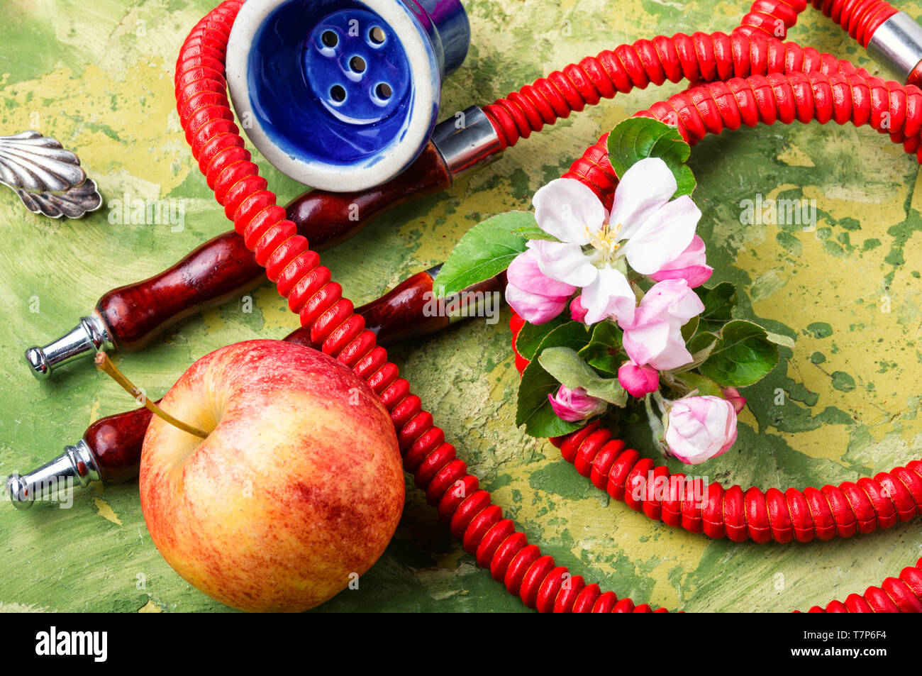 Turkish hookah.Eastern shisha with apple. Hookah and apple Stock Photo ...