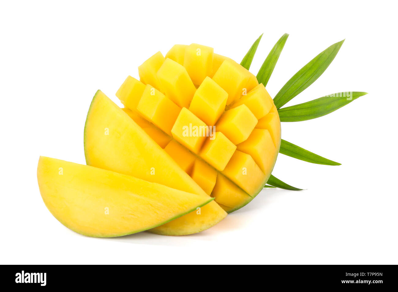 Fresh mango with palm leaf isolated on white background, closeup Stock ...