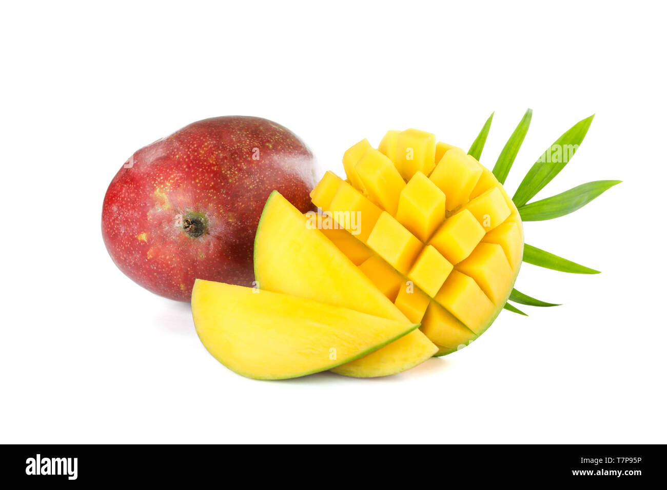 Fresh mangoes with palm leaf isolated on white background Stock Photo ...