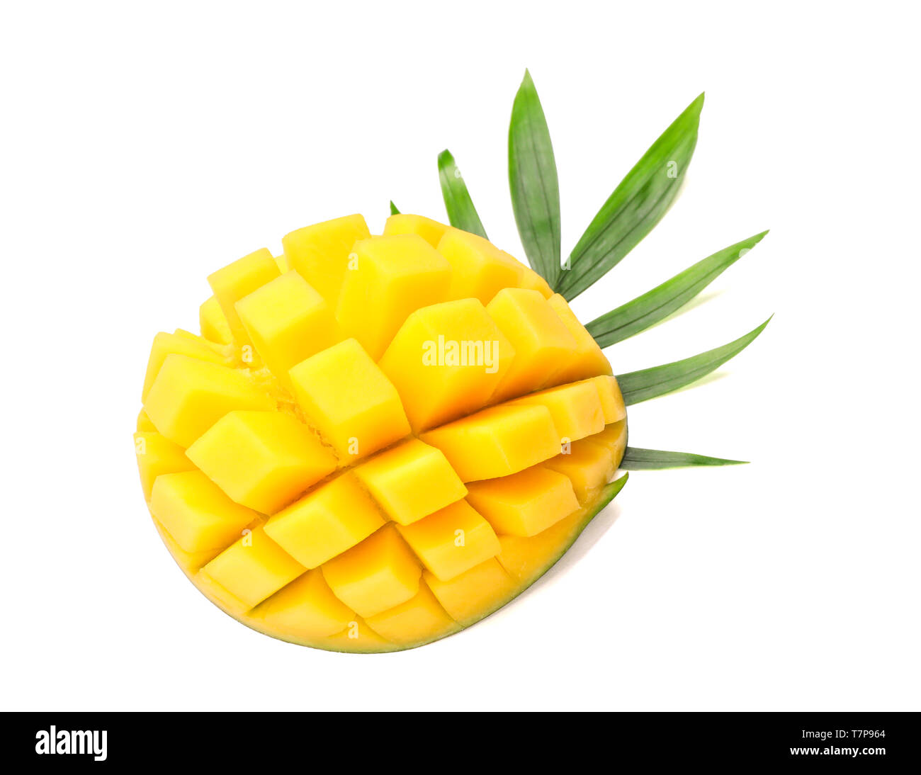 Fresh mango with palm leaf isolated on white background, closeup Stock ...
