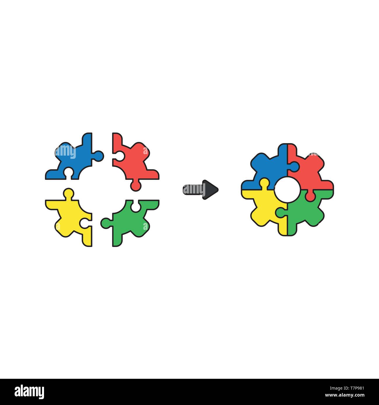 Vector icon concept of gear shaped colored puzzle pieces connecting ...