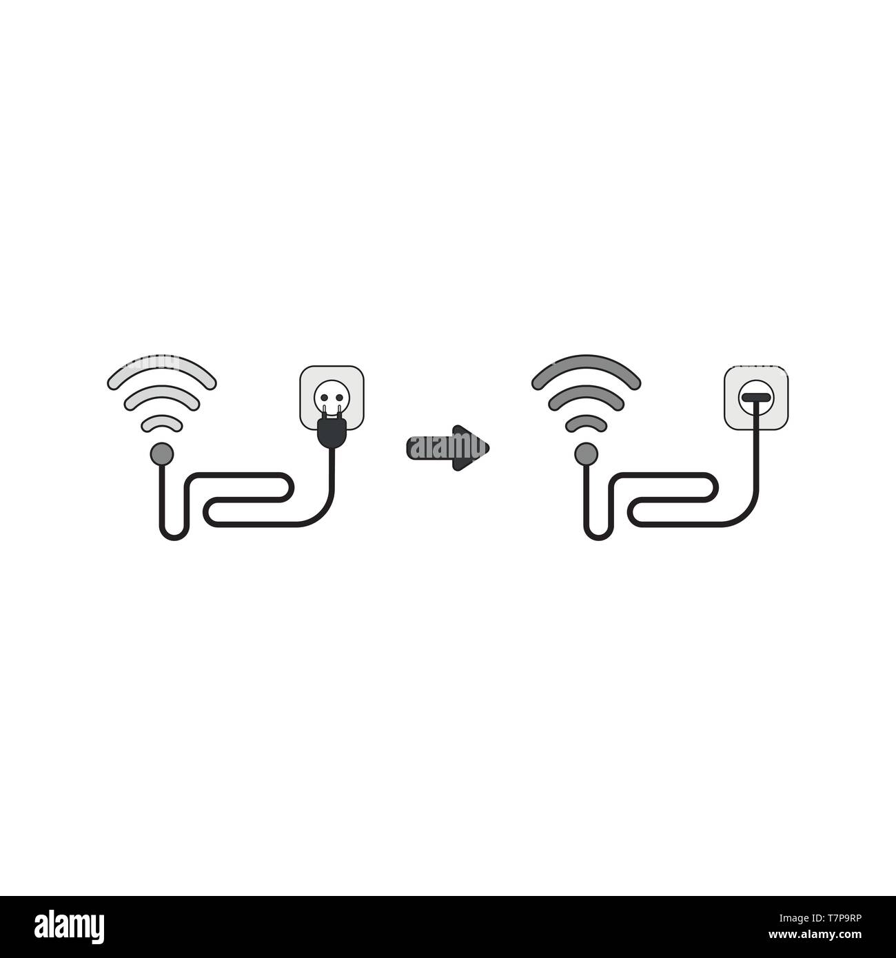 Vector icon concept of grey wireless wifi symbol with cable and plugged ...
