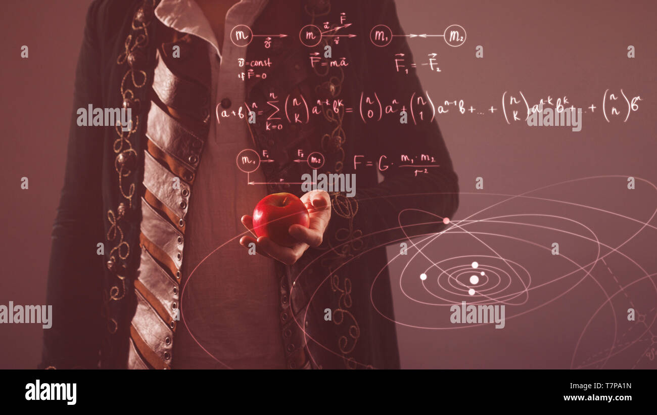 History of science, concept. Isaac Newton with Apple in hand. Gravity ...