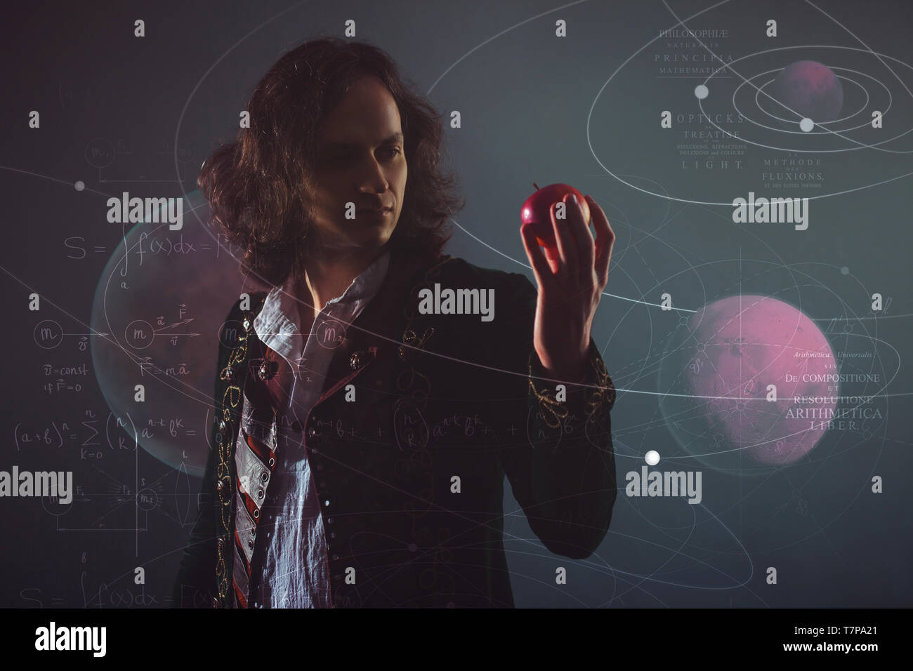 History of science, concept. Isaac Newton with Apple in hand. Gravity ...