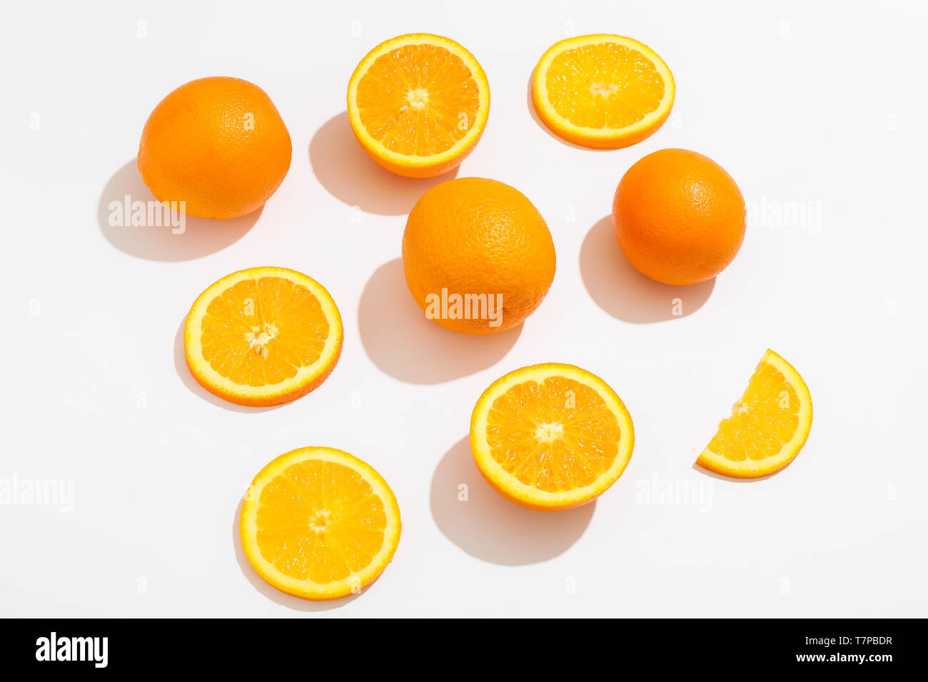 Flat lay composition with oranges on white background, space for text ...