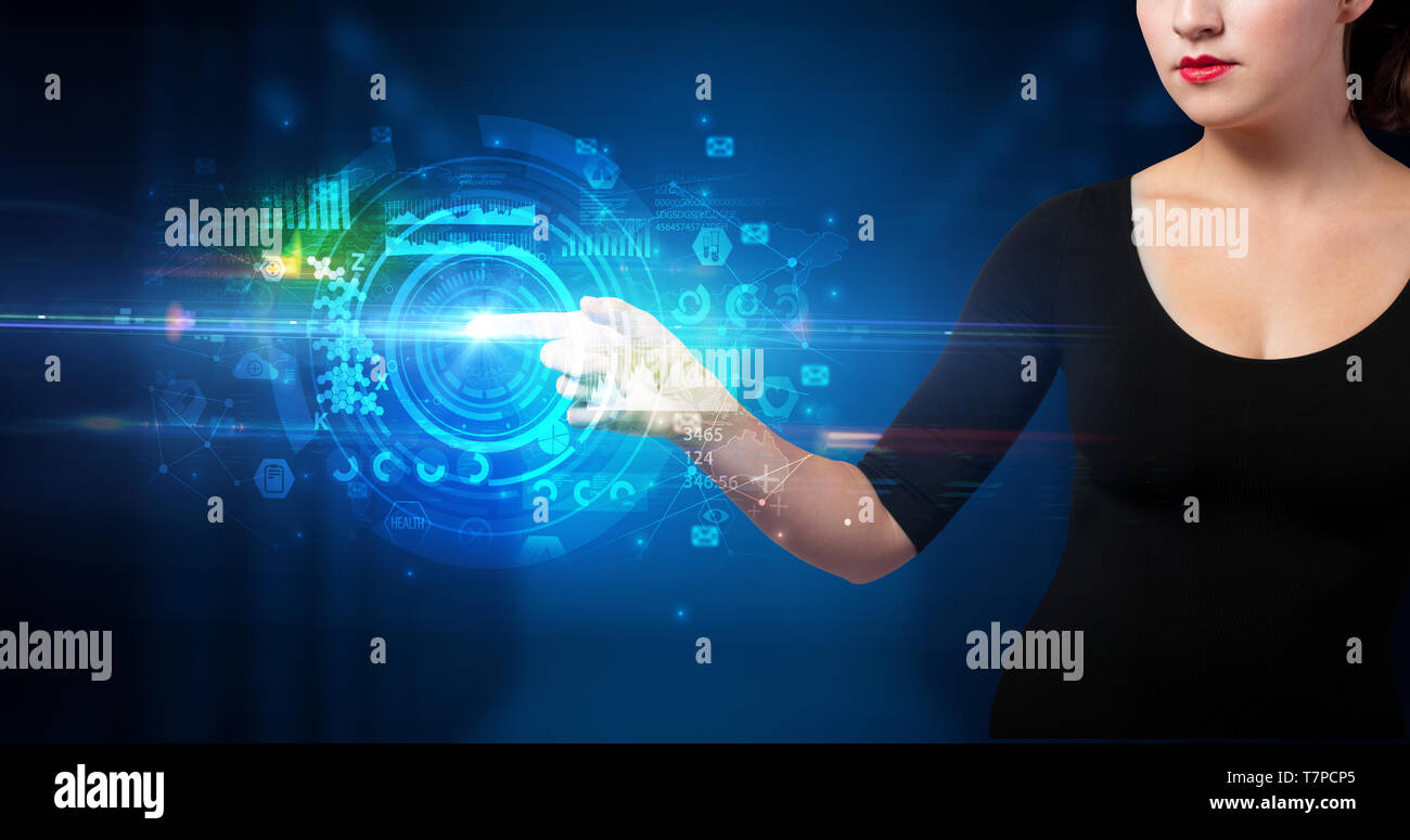 Woman touching hologram screen displaying medical symbols and charts ...
