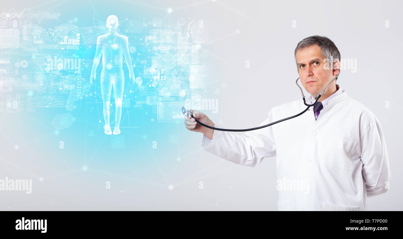 Middle aged scientist with full body map concept Stock Photo - Alamy