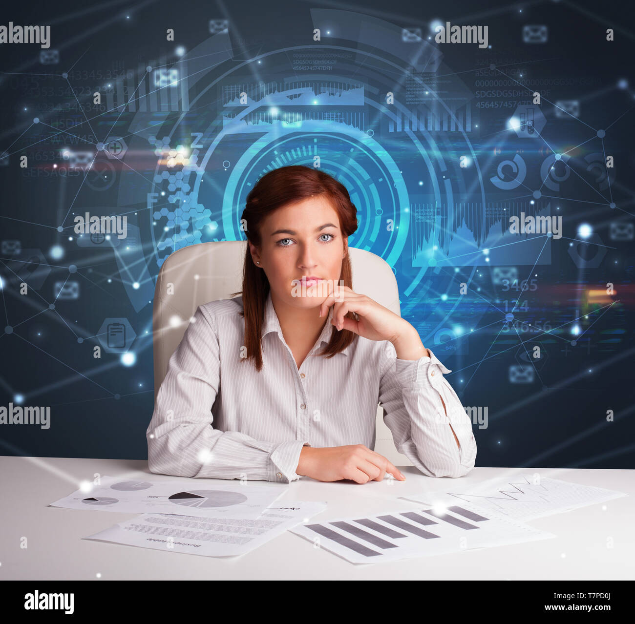 Manager in front of the office desk with connections and teamwork ...