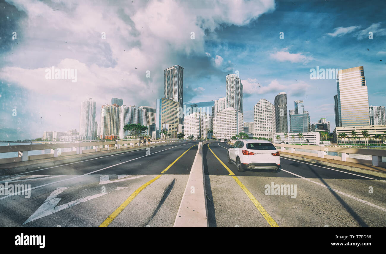 Entering Miami on the road with a beautiful city skyline, Florida, USA ...