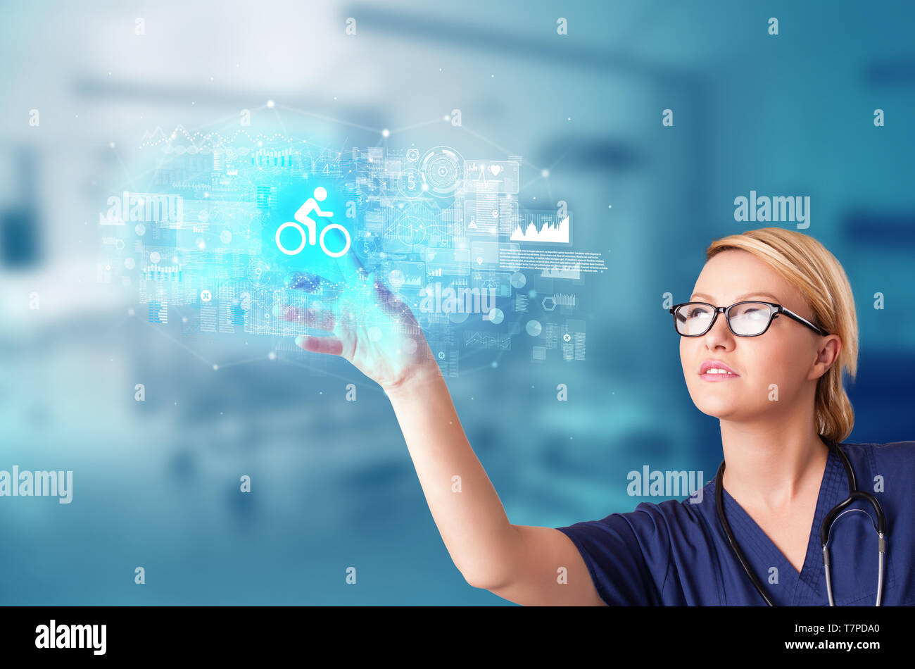 Doctor touching hologram screen displaying healthcare running symbols ...