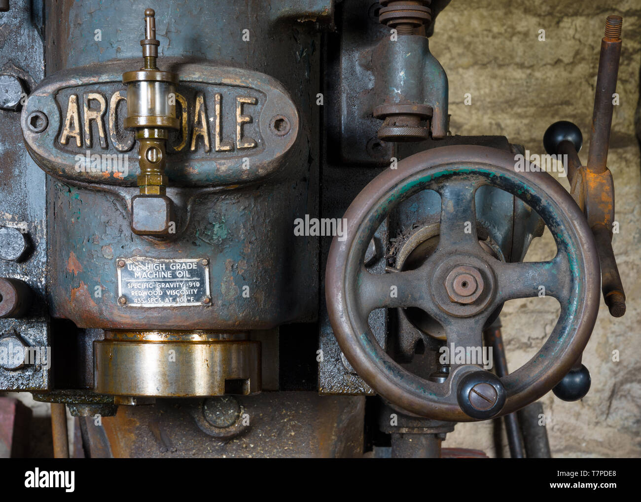 A section of an old bench drill in a train engineers workshop, the ...
