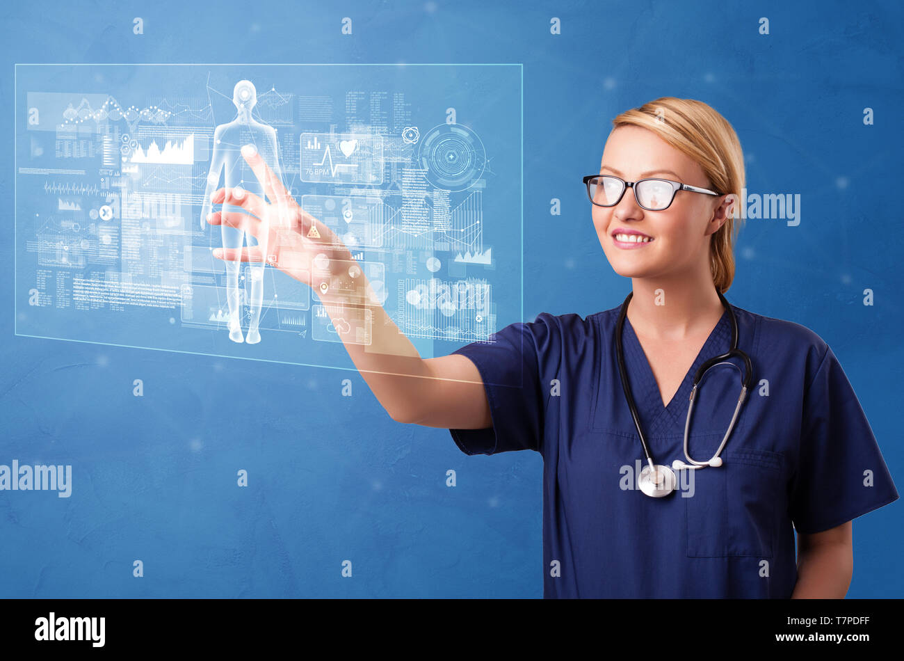 Doctor touching blue screen with full body analyze concept Stock Photo ...