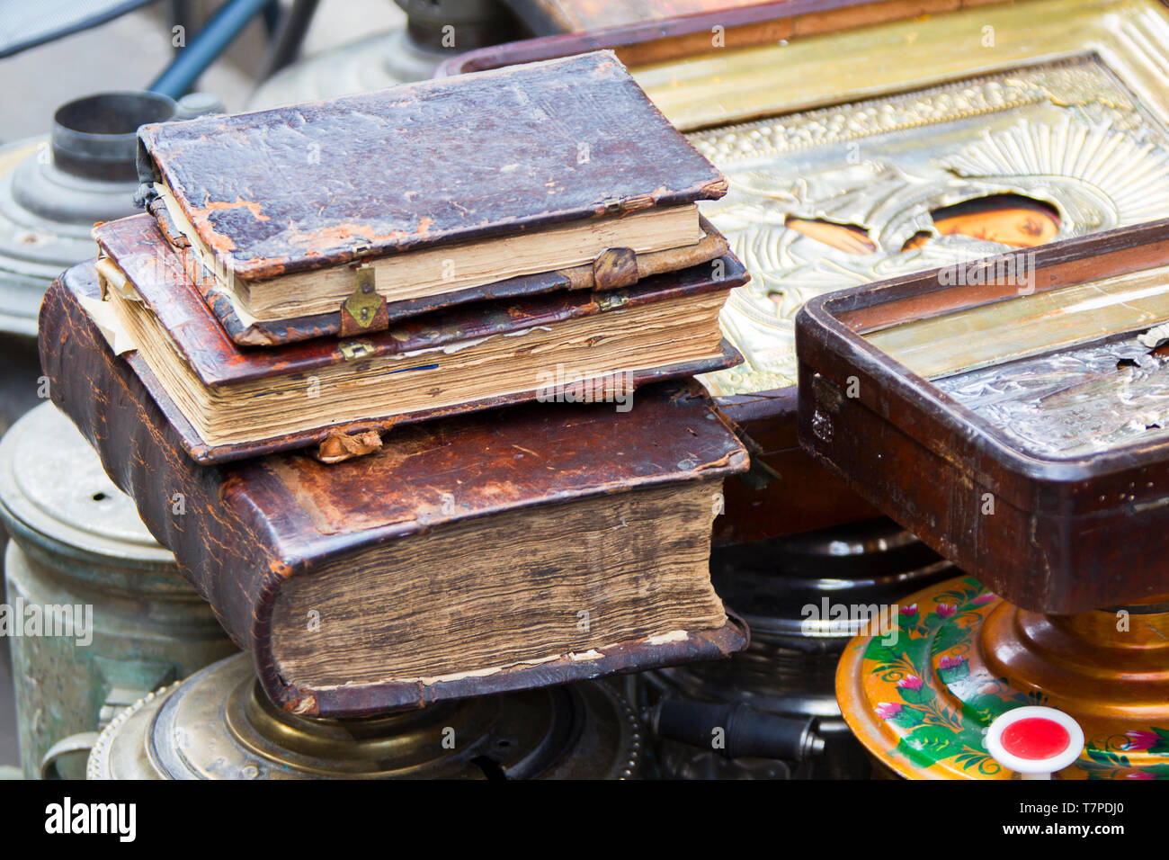Ancient books. Antiquarian literature sold on the market Stock Photo ...