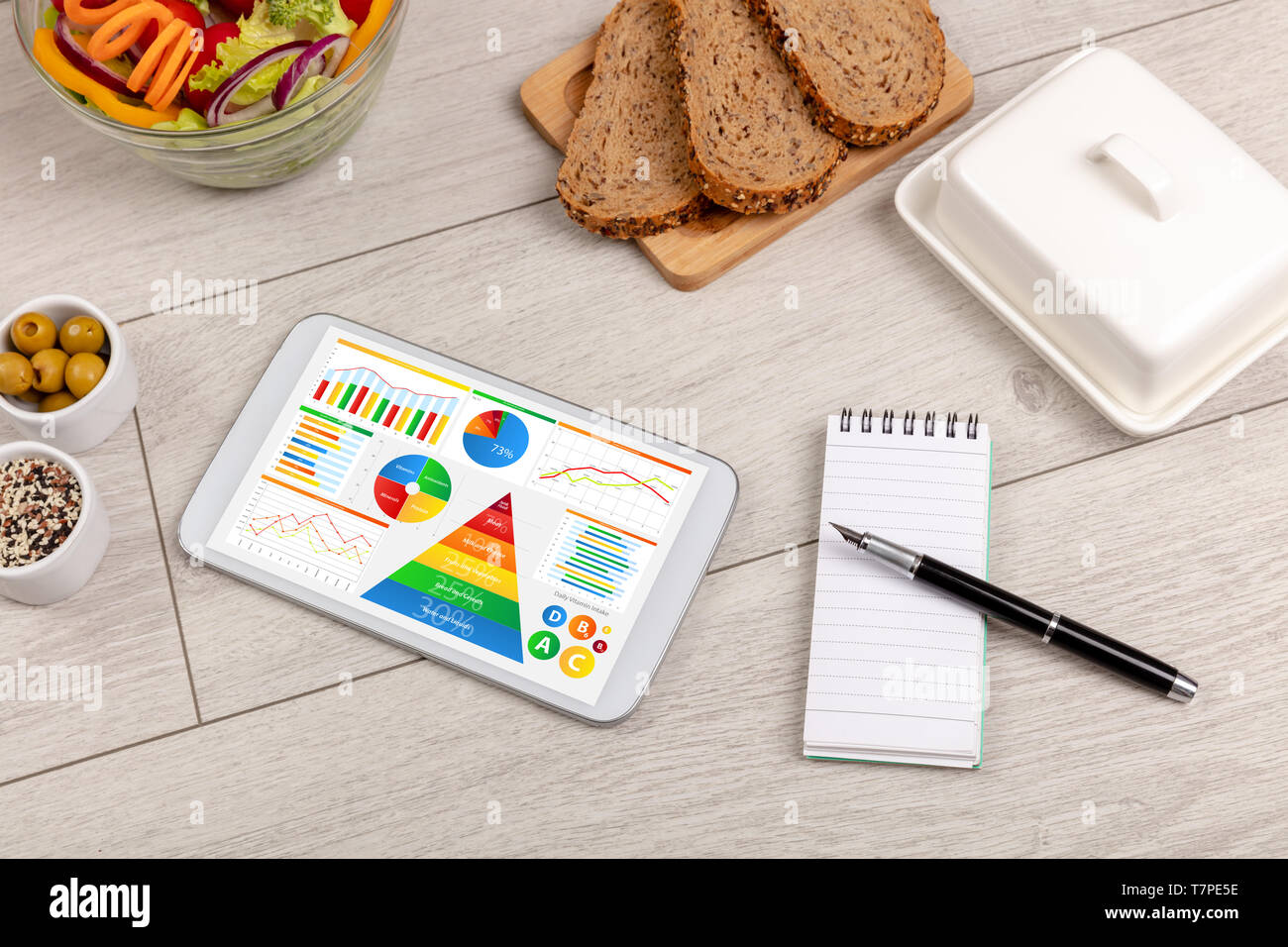 healthy eating concept - close up of tablet with several dieting ...