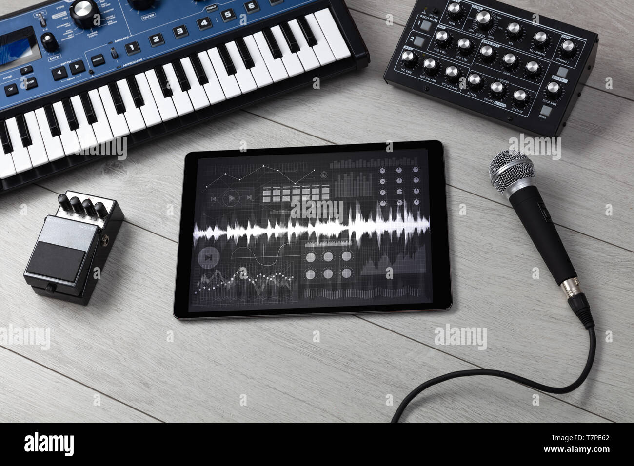 Music instruments and tablet with recording sound concept Stock Photo ...