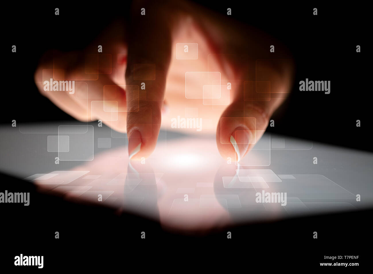 Finger touching tablet with identification concept and dark background ...
