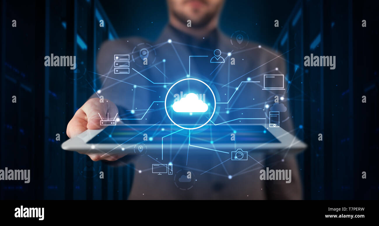 Formal hand in server room with virtual workspace concept Stock Photo ...