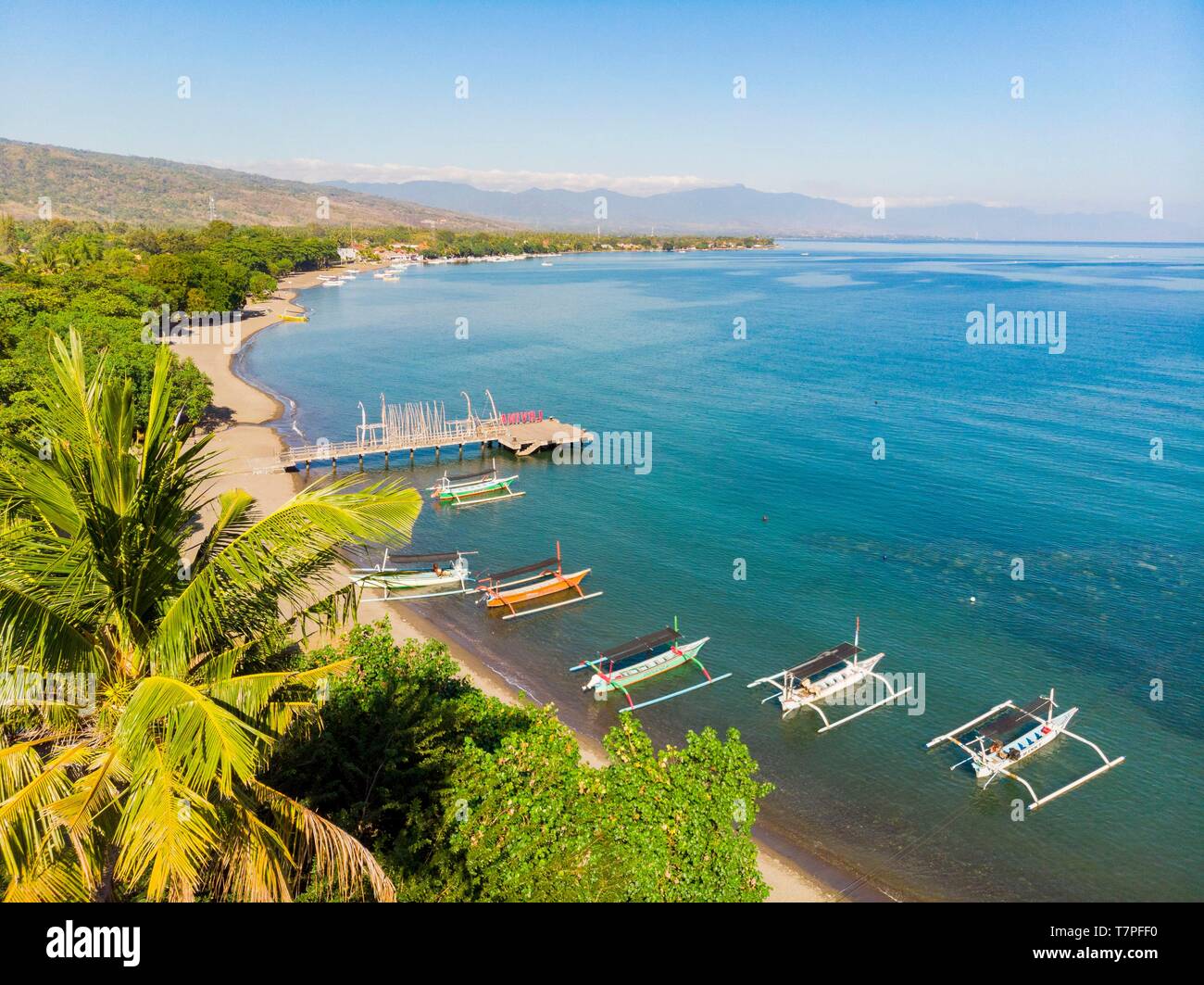 Indonesia, North Bali, prahu on Lovina beach (aerial view Stock Photo ...