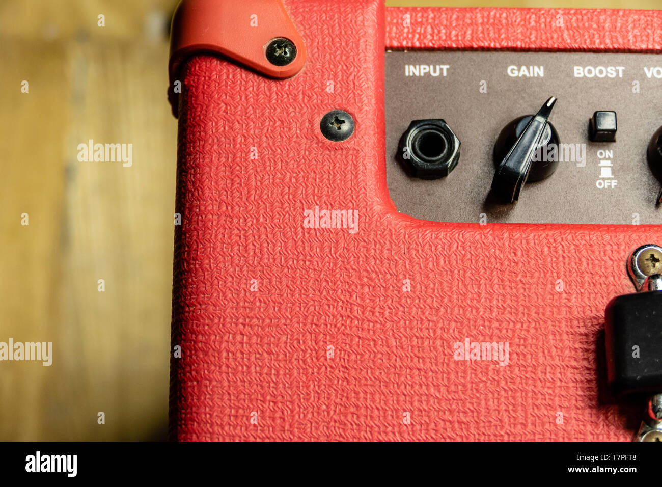 Close up of control panel of red electric guitar amplifier Stock Photo ...