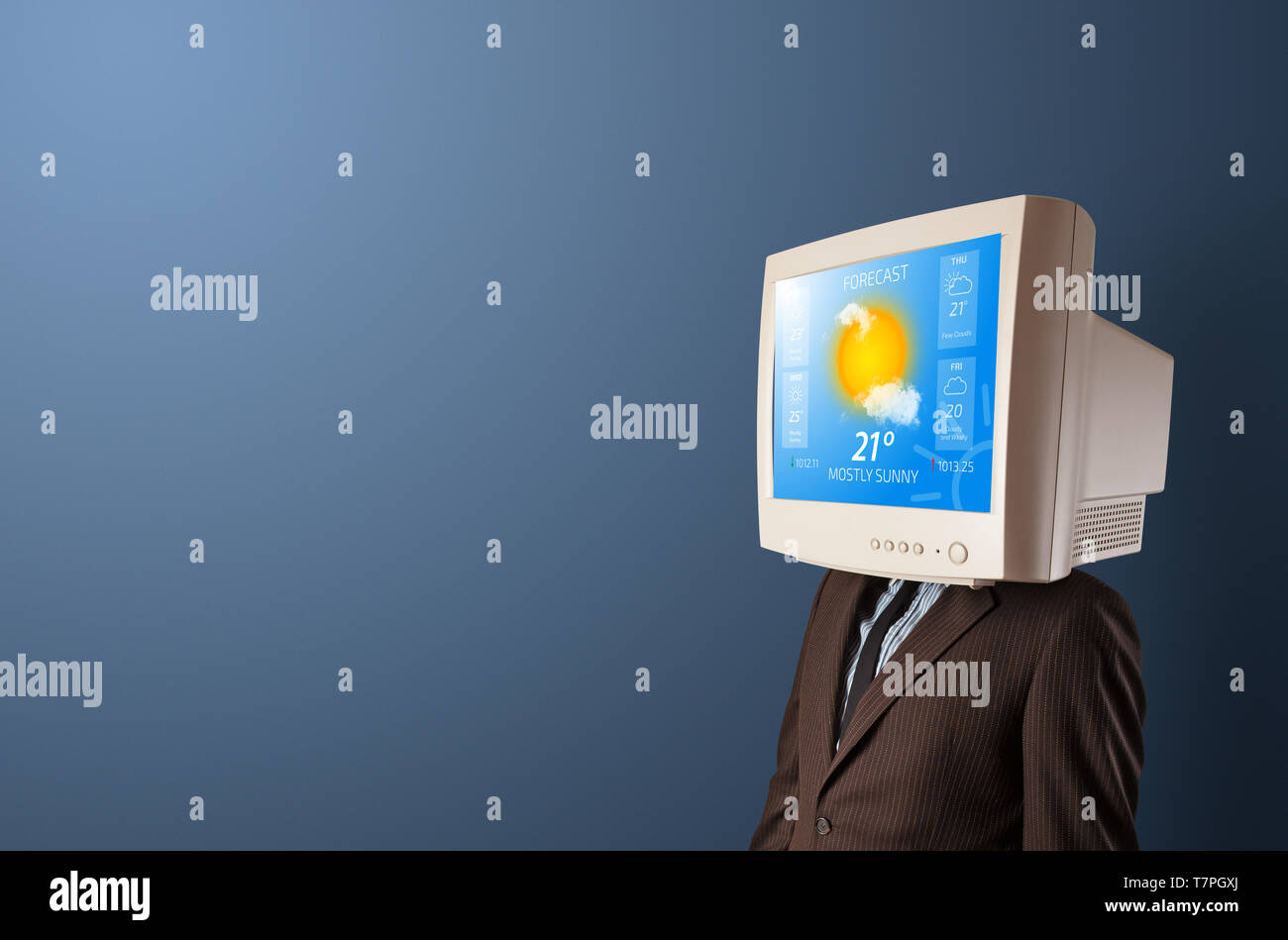 Young person with monitor head, weather forecast concept Stock Photo ...