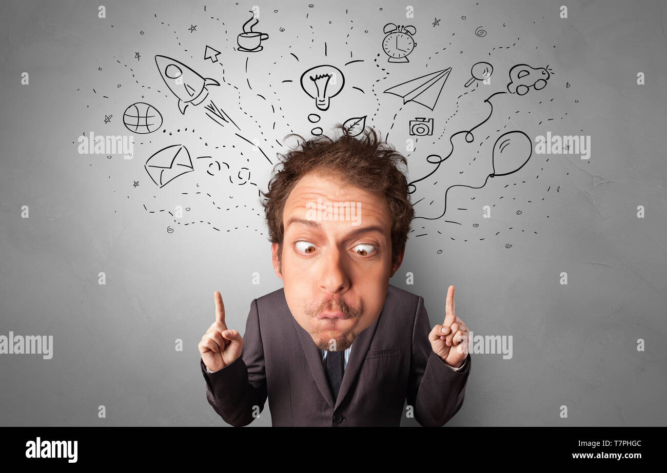 Full big head on small body with icons and symbols around Stock Photo ...