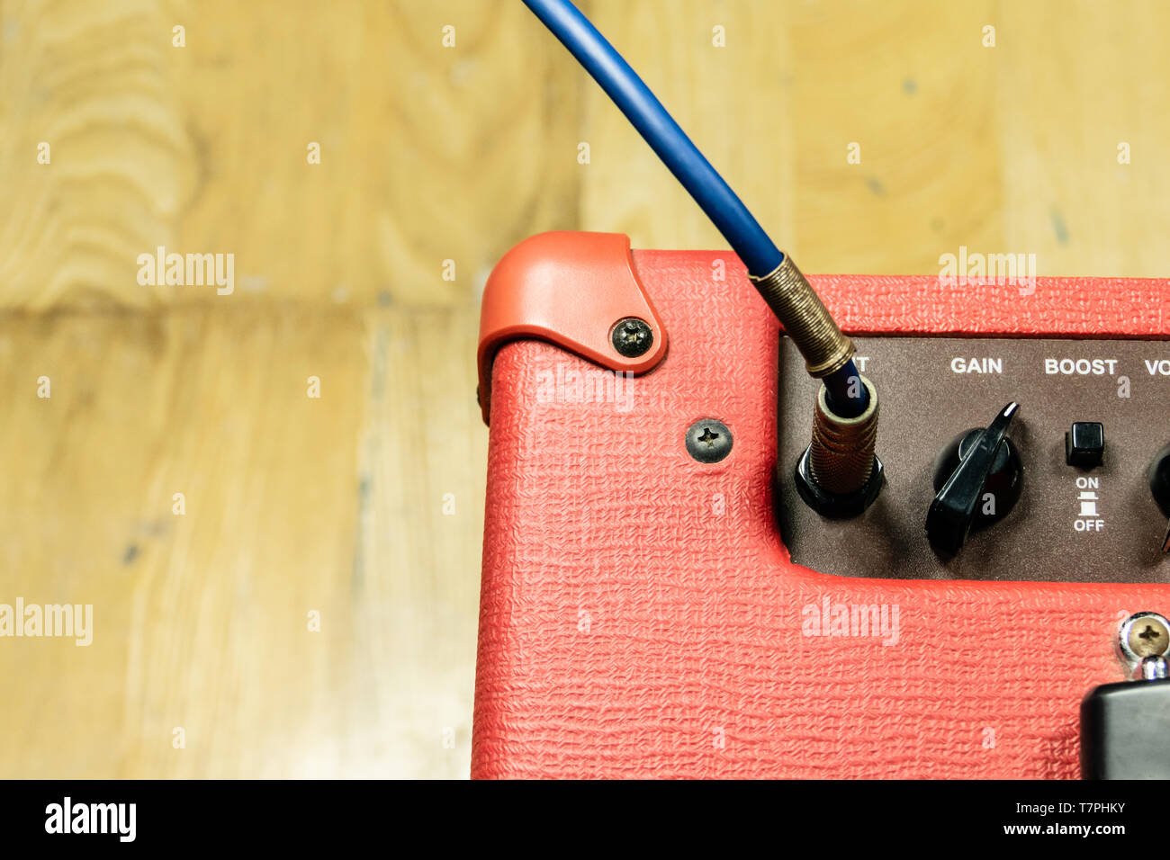 Close up of control panel of red electric guitar amplifier Stock Photo ...