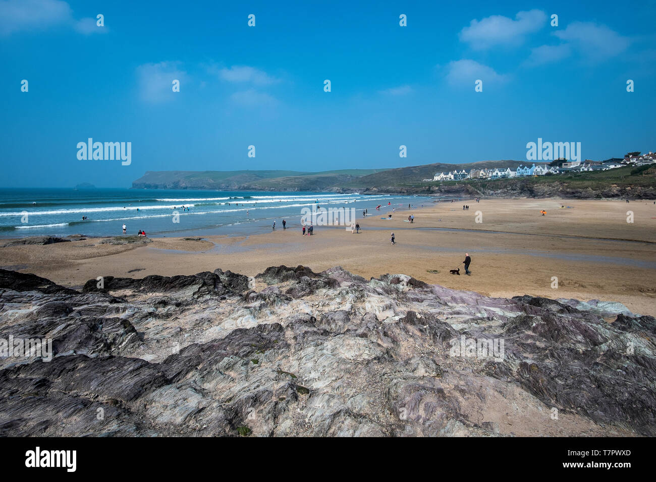 Overview of the beach and surfers in Polzeath, Cornwall Stock Photo - Alamy