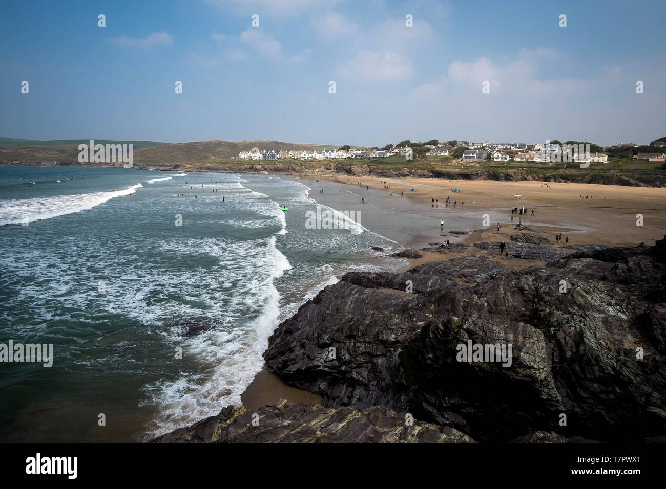Overview of the beach and surfers in Polzeath, Cornwall Stock Photo - Alamy