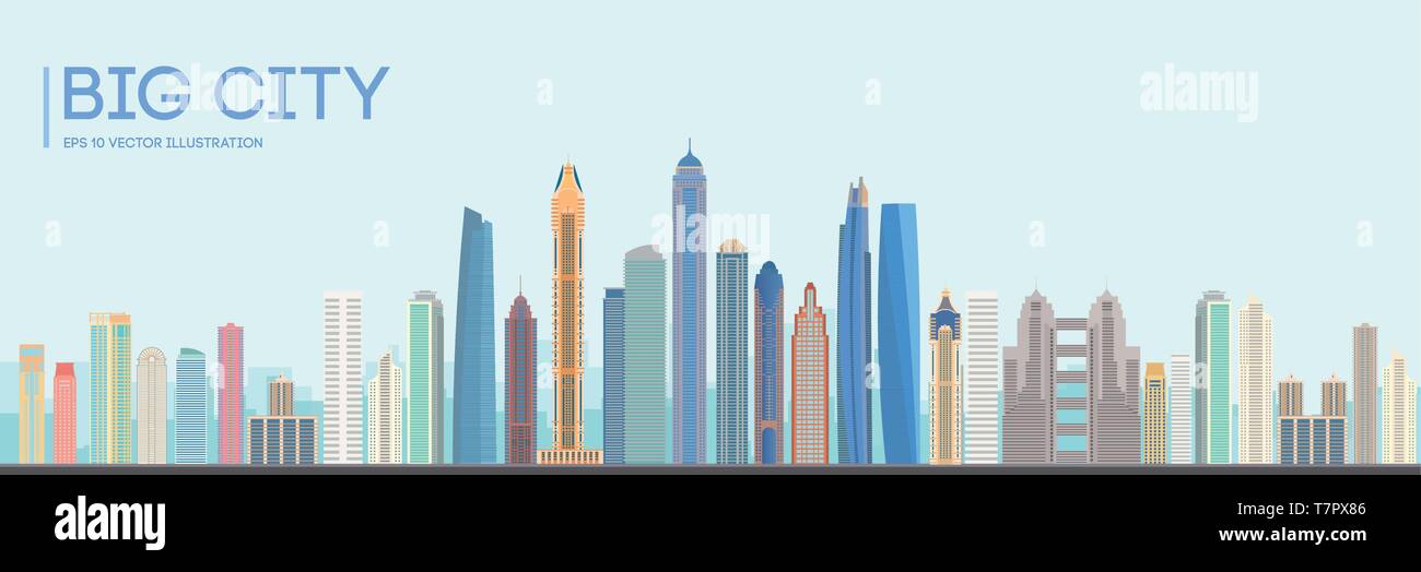 Flat vector city building design. Urban skyline cityscape. Town ...