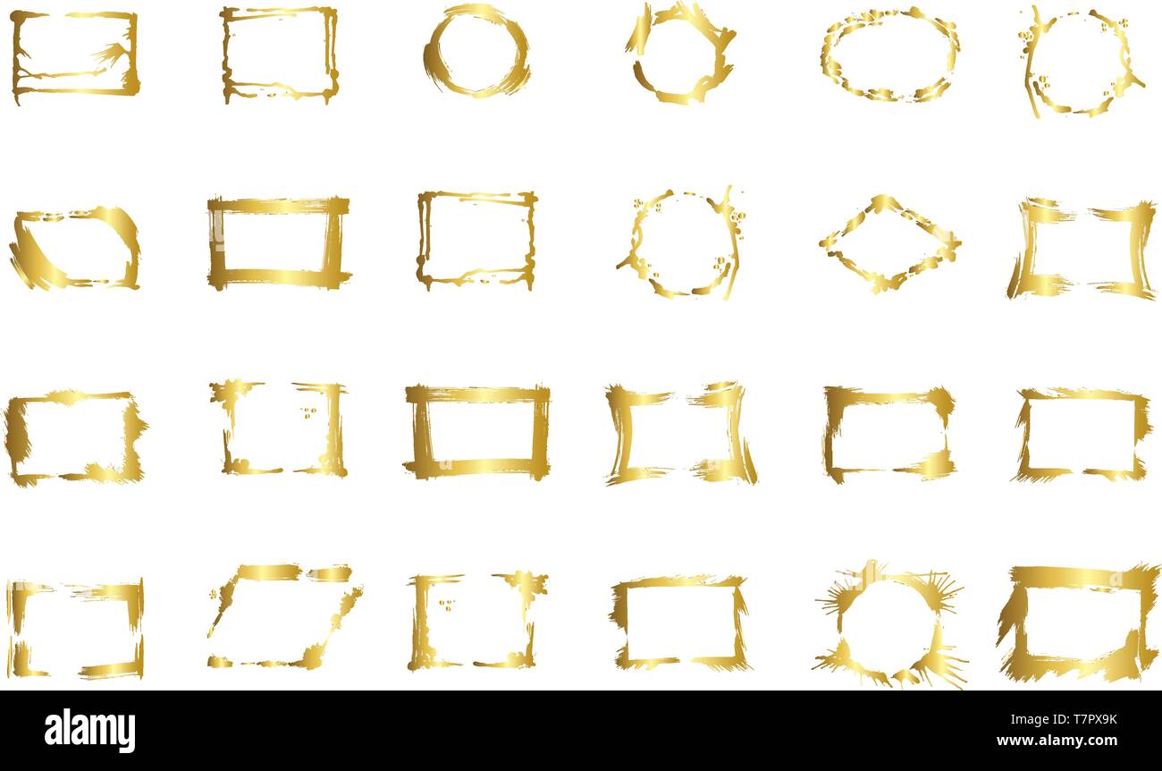 Set of dry brush frames. Hand drawn artistic frames. Golden engraved ...