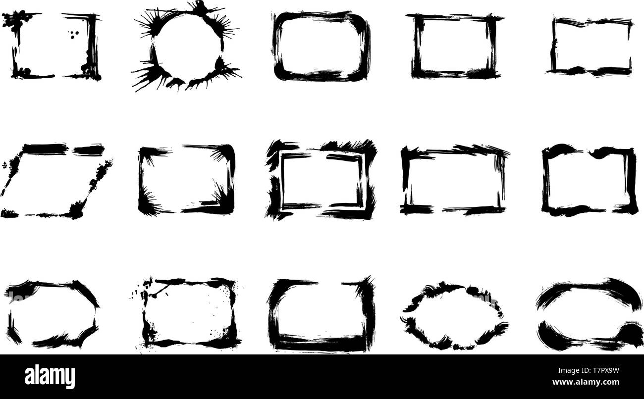 Set of dry brush frames. Black and white engraved ink art. Isolated ...