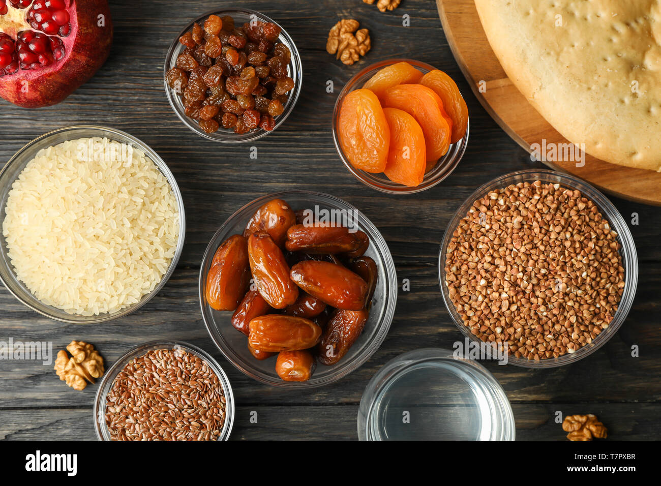 Flat lay composition with delicious food on wooden background Stock ...