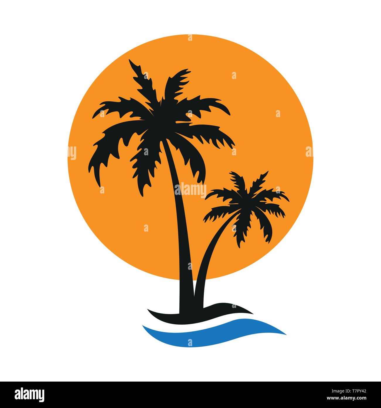 palm tree silhouette summer holiday icon with sun and wave vector ...