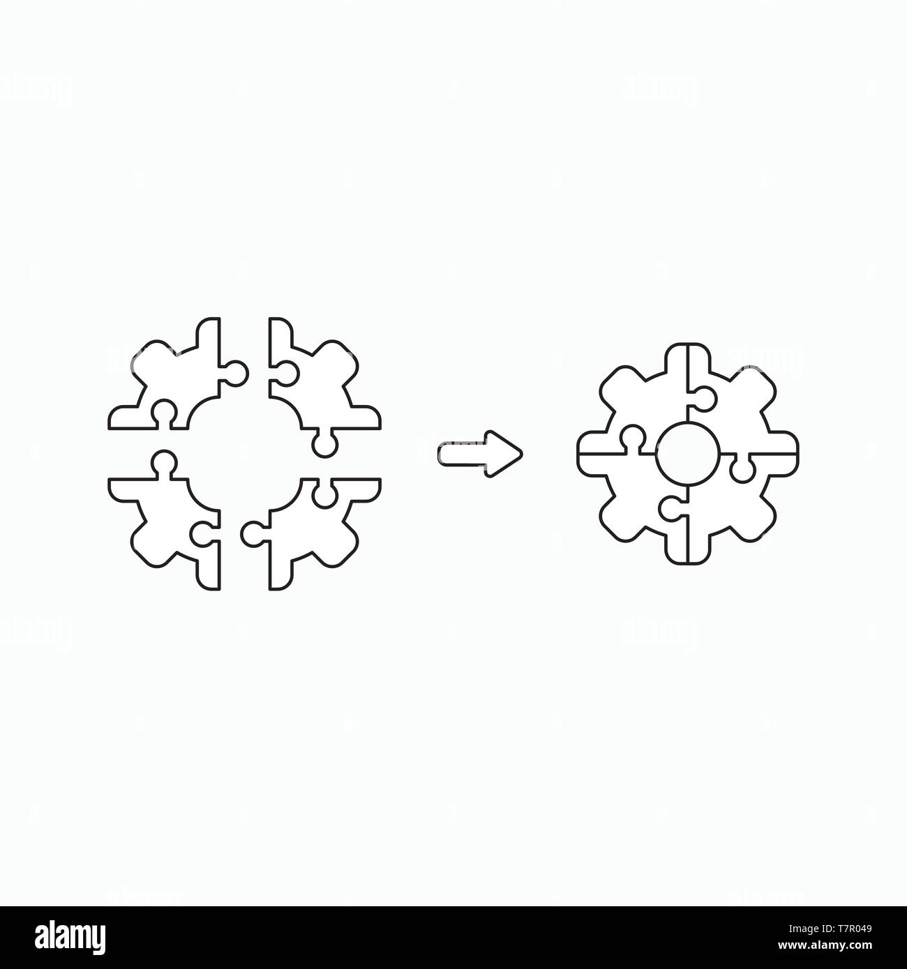 Vector icon concept of gear shaped puzzle pieces connecting. Black ...
