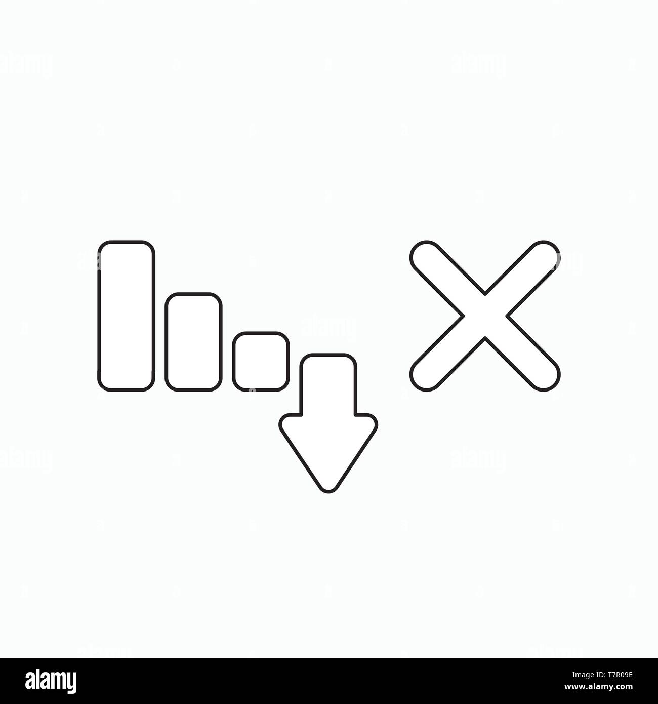 Vector icon concept of sales bar chart graph moving down with x mark ...
