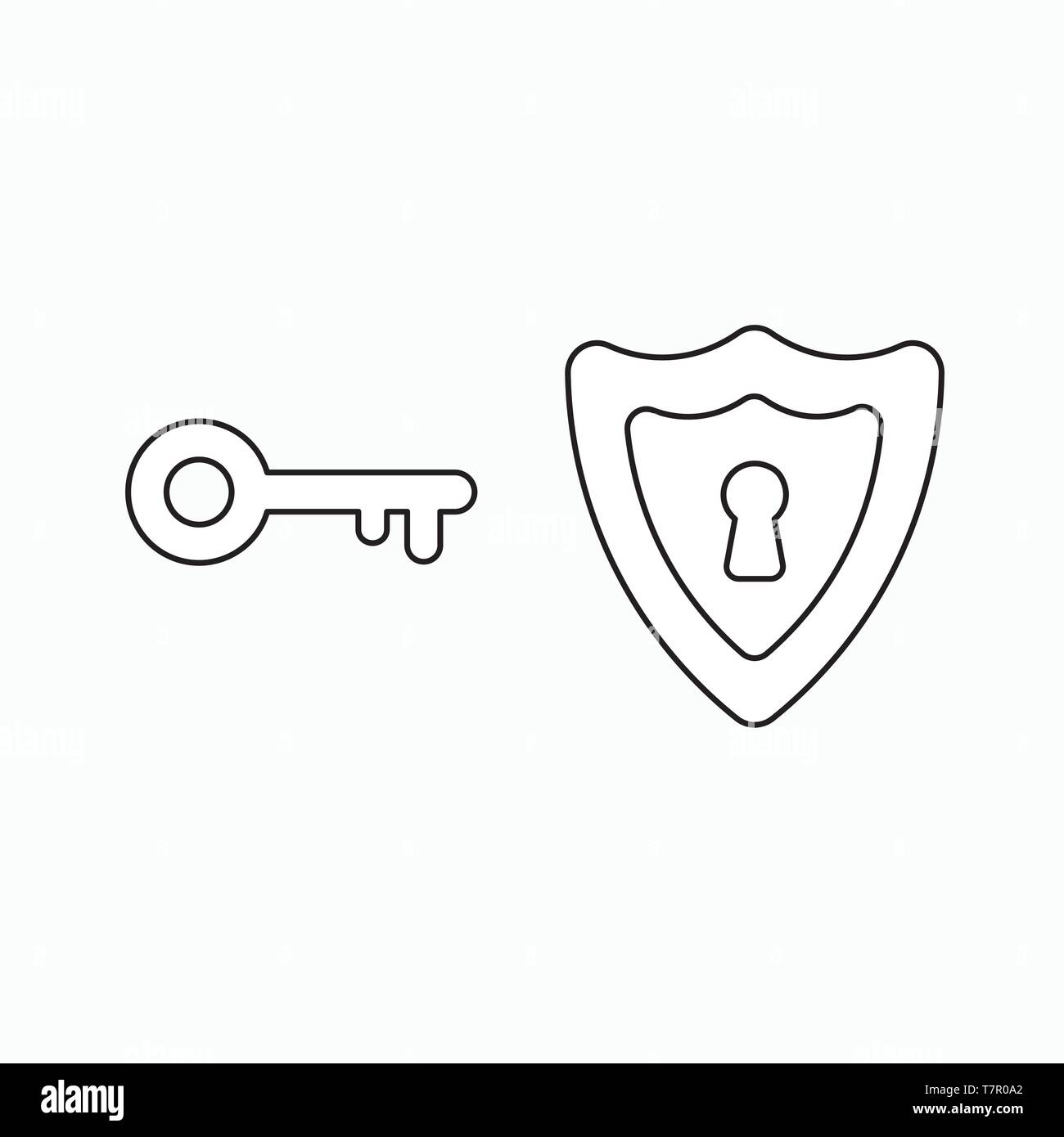Vector icon concept of keyhole inside shield with key. Black outlines ...