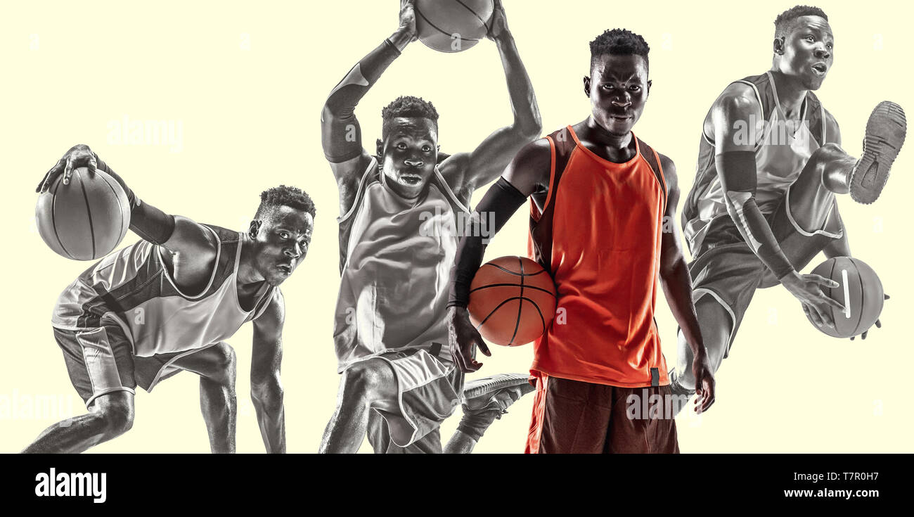 Full length portrait of a basketball player with the ball isolated on ...
