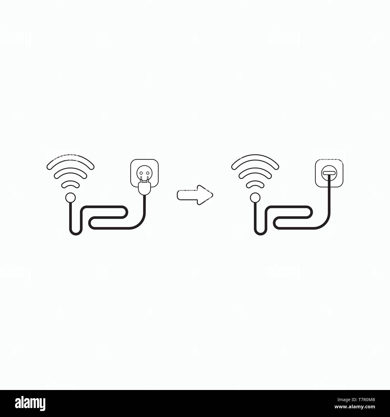 Vector icon concept of wireless wifi symbol with cable and plugged into ...