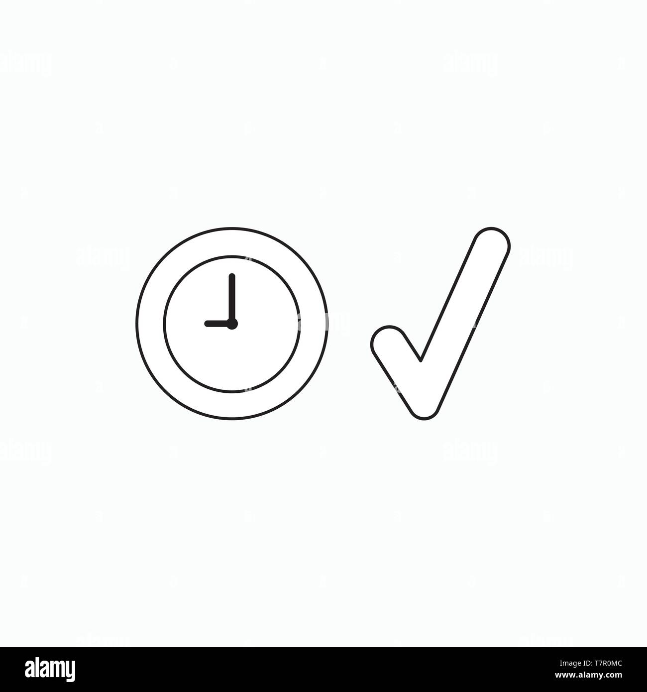 Vector icon concept of clock time with check mark. Black outlines Stock ...