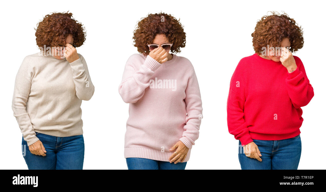Collage of middle age senior woman wearing winter sweater over white ...