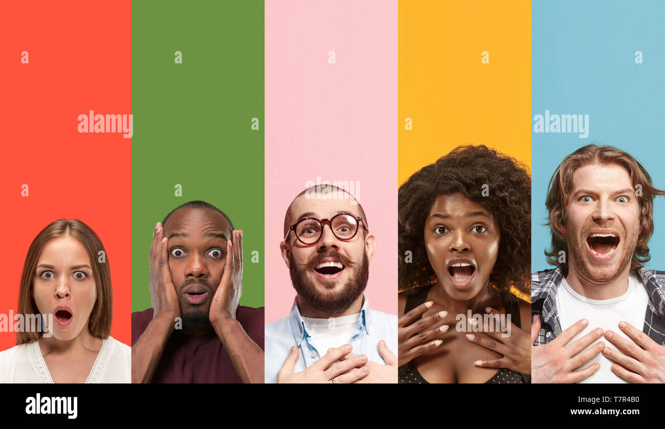 Young attractive people looking astonished on multicolored backgrounds ...