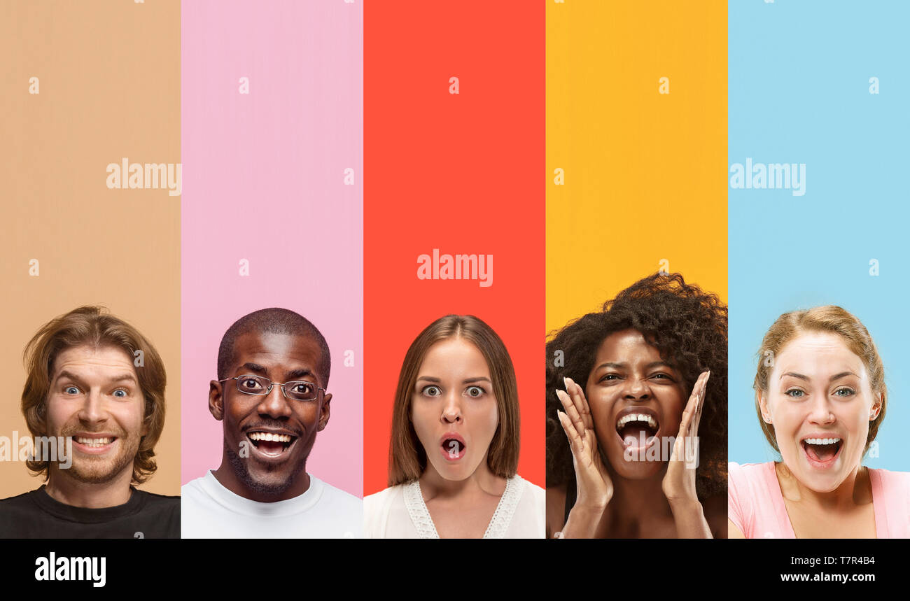 Young attractive people looking astonished on multicolored backgrounds ...