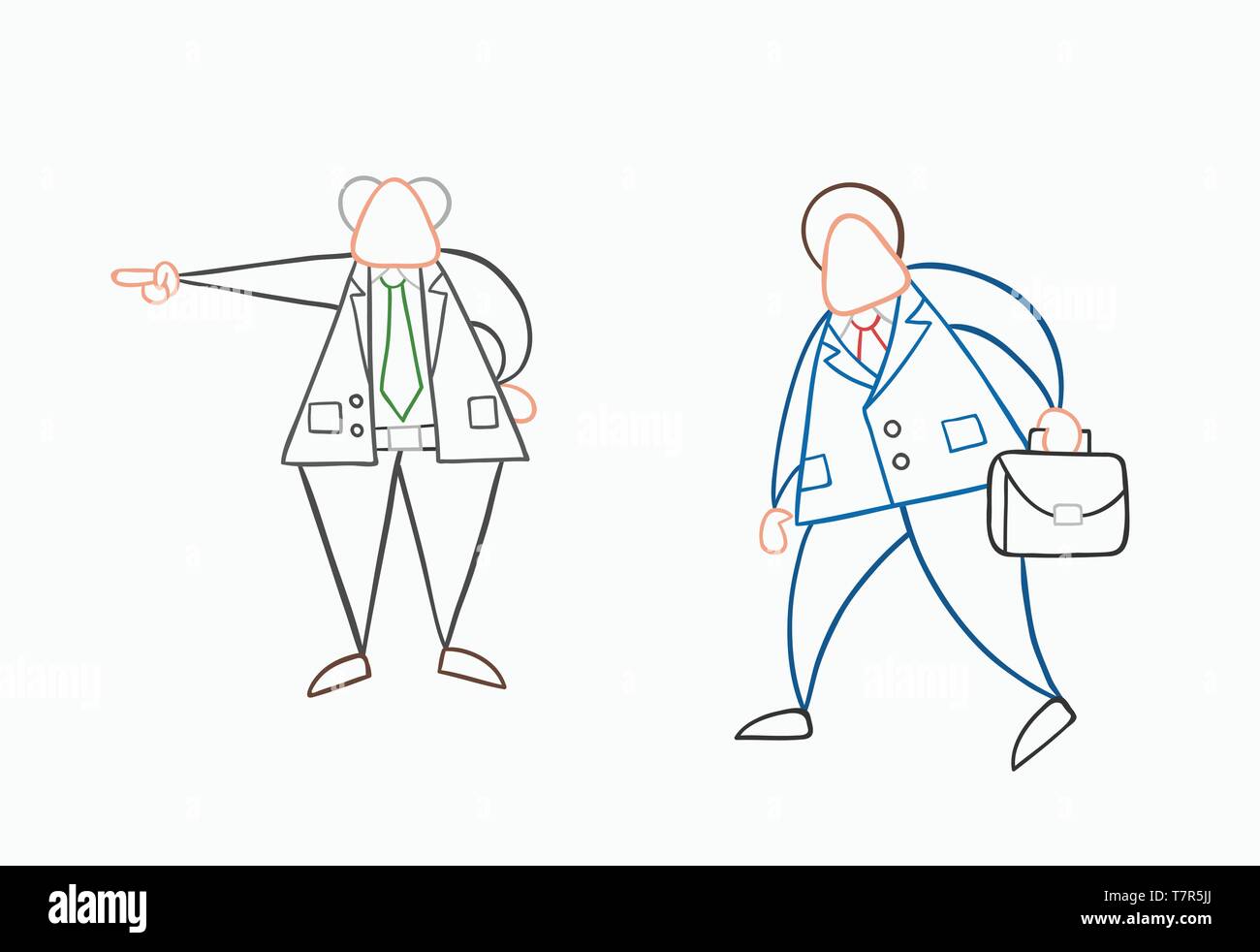 Hand-drawn vector illustration boss firing businessman worker. White ...