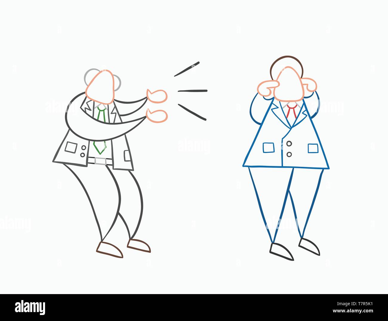 Hand-drawn vector illustration angry boss yelling at businessman worker ...