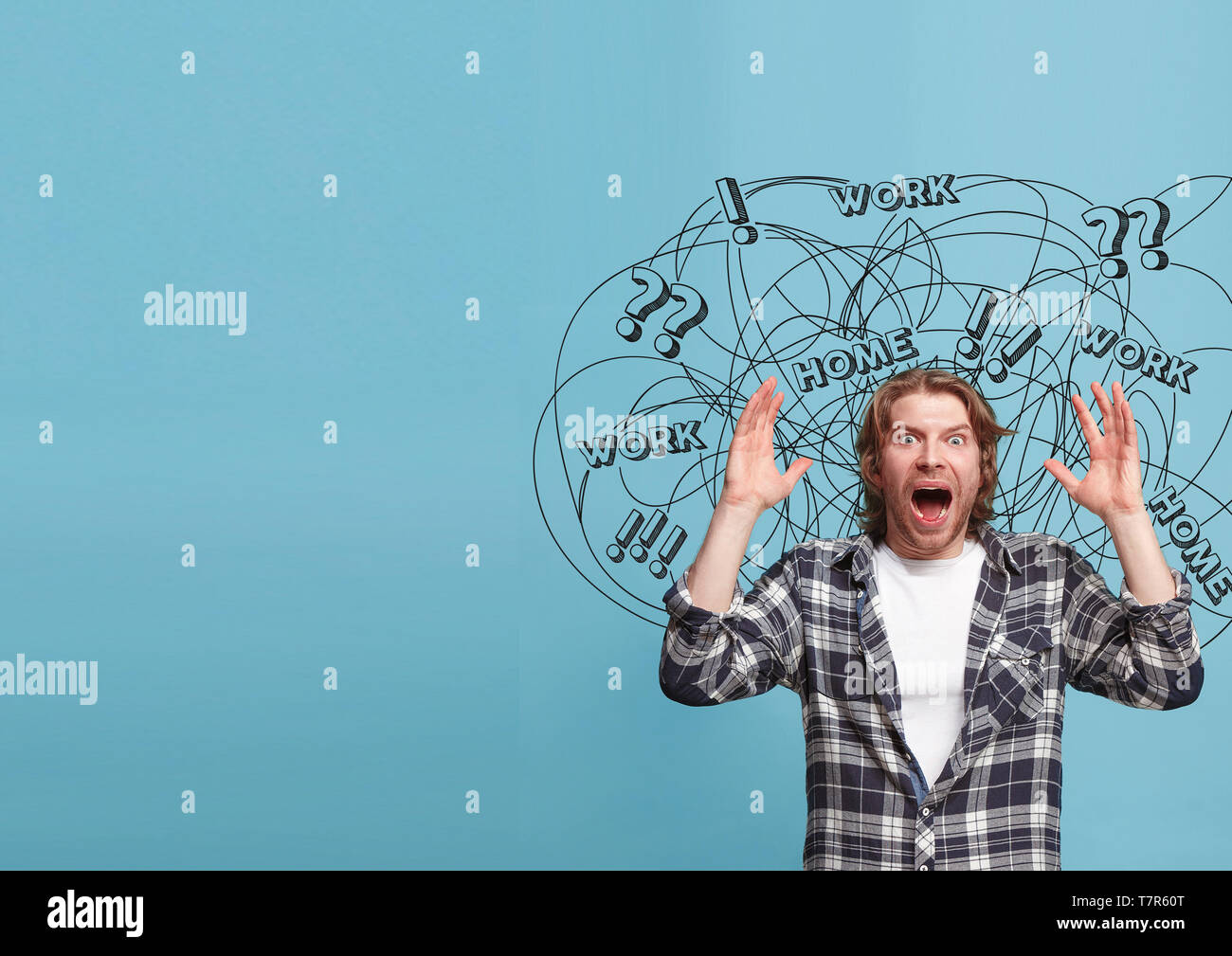 Young caucasian man with mixed thoughts against blue background ...