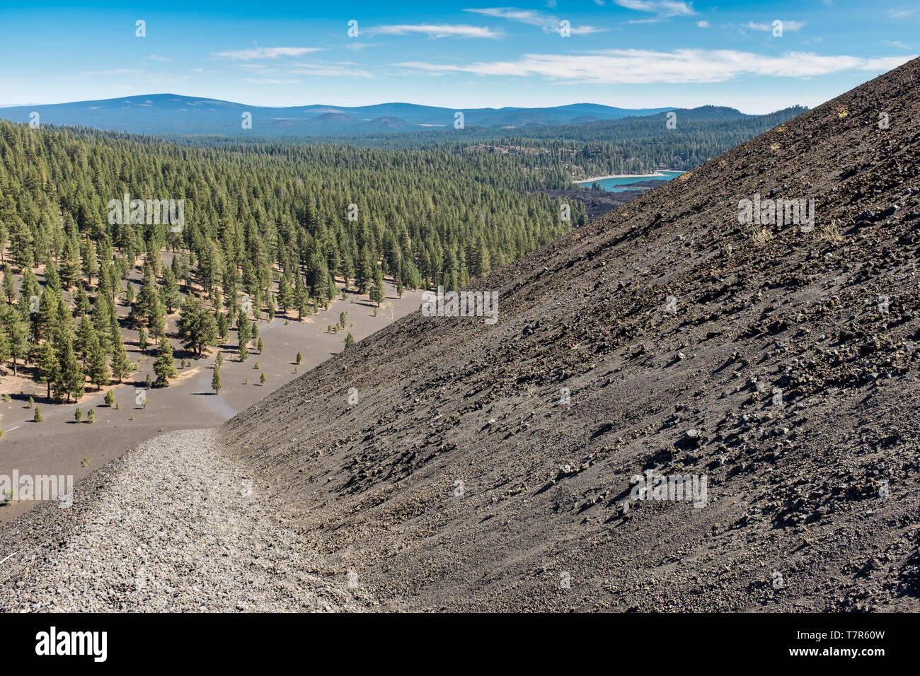 At the top of Cinder Cone, Lassen National Park looking back down the ...