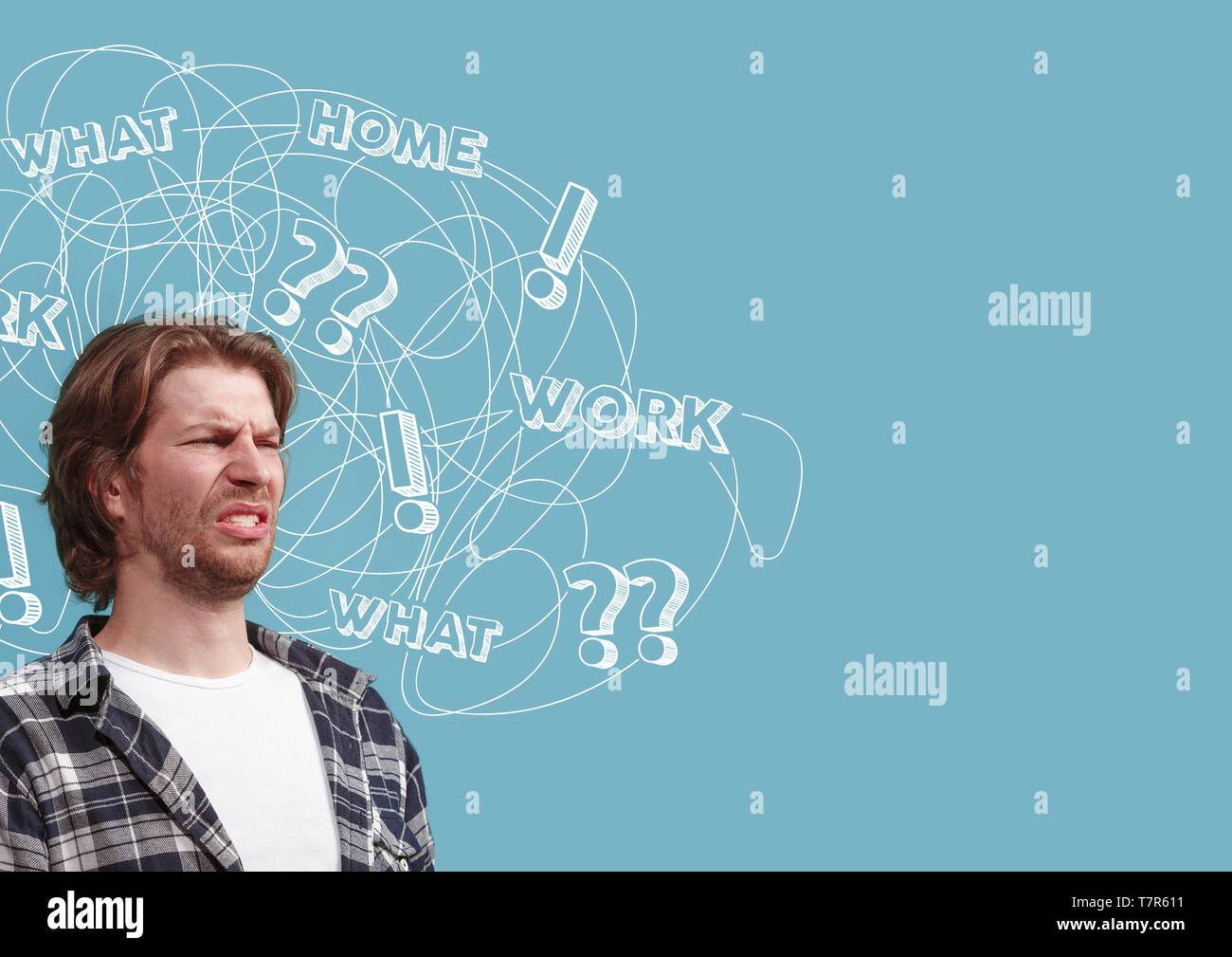 Young caucasian man with mixed thoughts against blue background ...