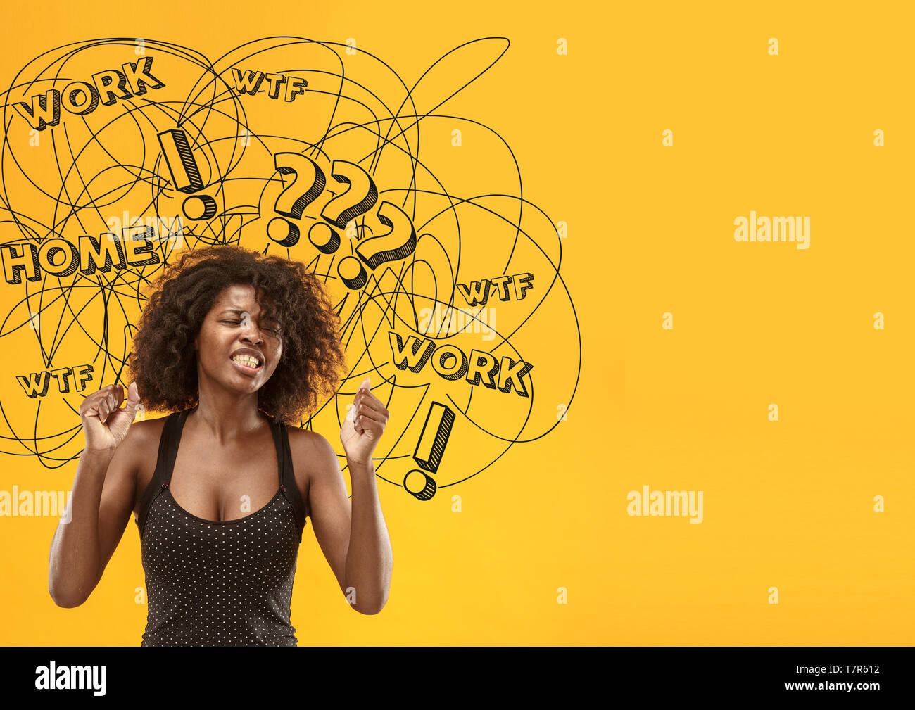 Young african-american woman with mixed thoughts against yellow ...