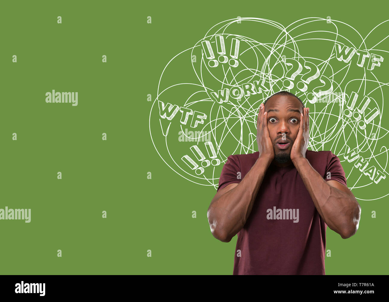 Young african-american man with mixed thoughts against bright green ...