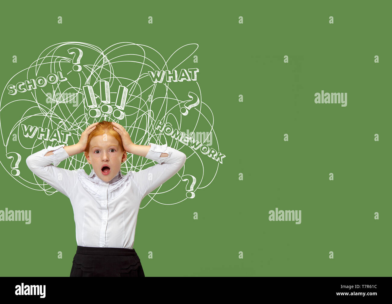 Young caucasian girl with mixed thoughts against green studio ...